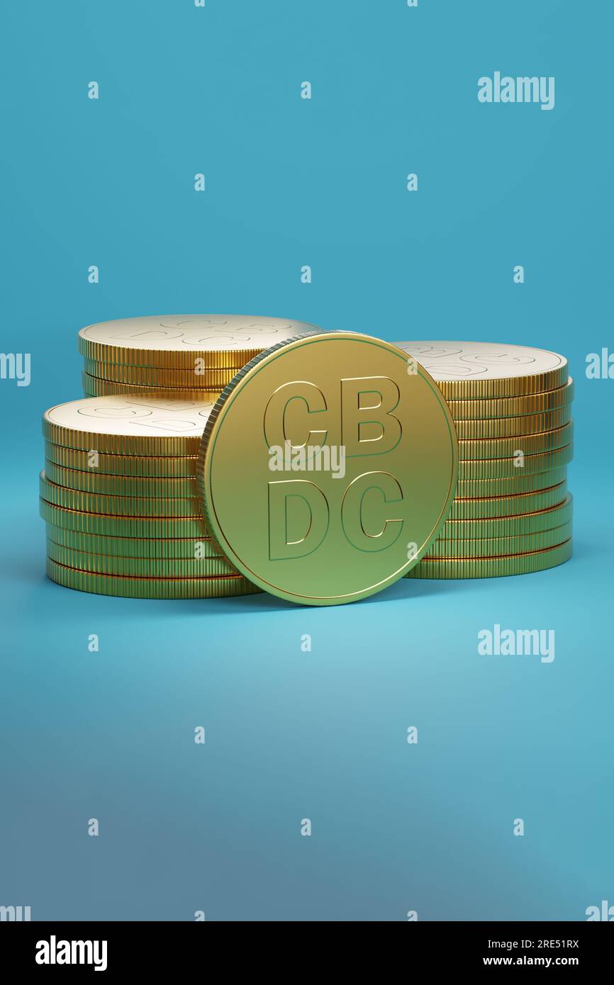 Central Bank Digital Currency. Stacks of gold CBDC money coin on blue background. 3d ...