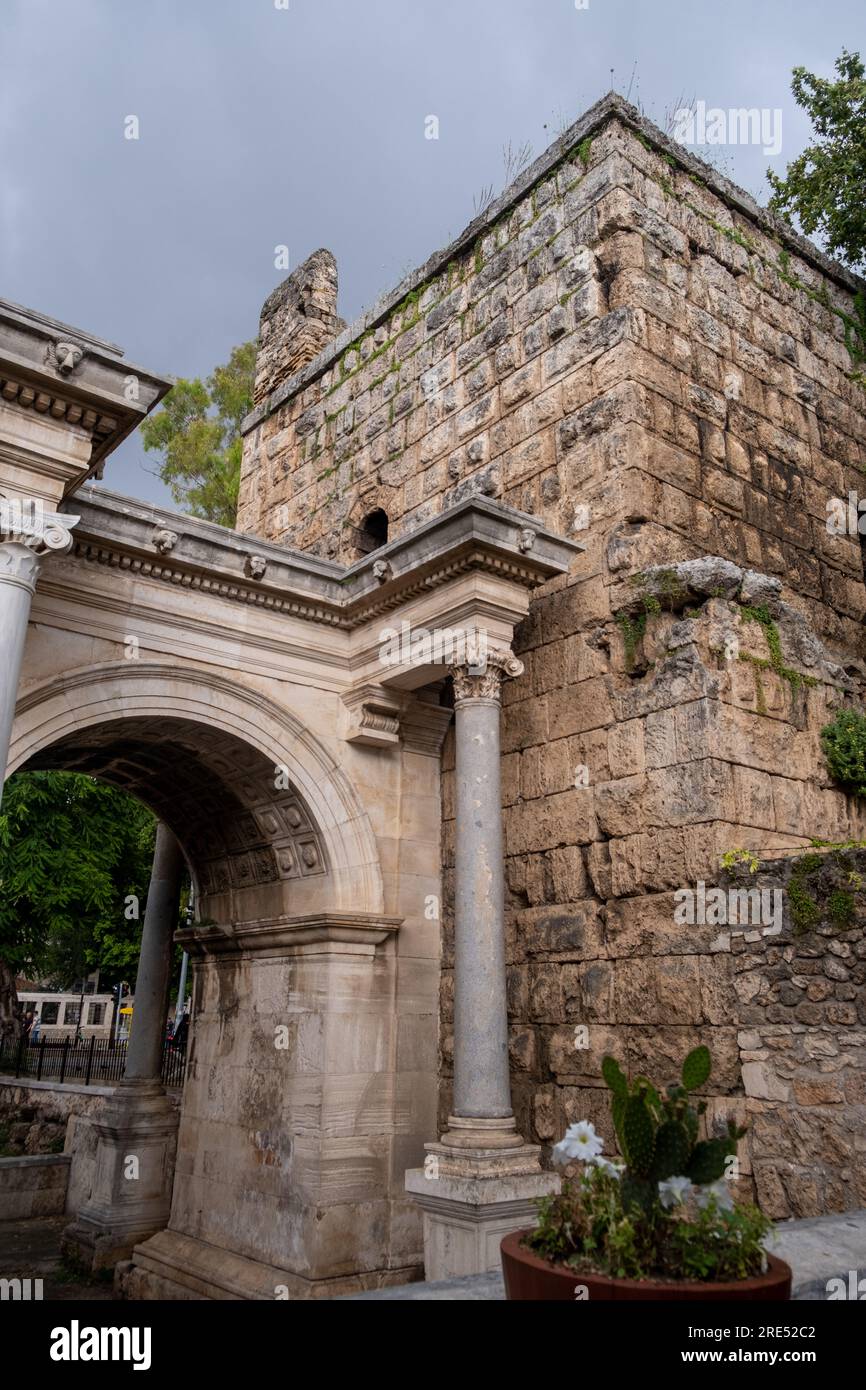 View of famous gate or Hadrianus arch in Antalya without visitors Stock ...