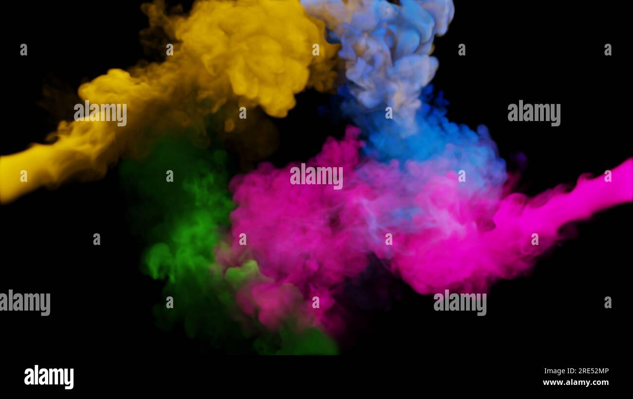 Clubs of multi-colored smoke collide from four sides on a black ...