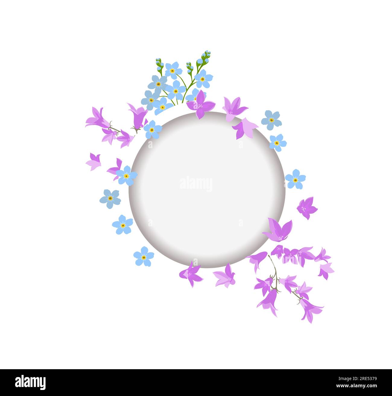 Round delicate frame with forget-me-nots and bluebells flowers. Vector ...