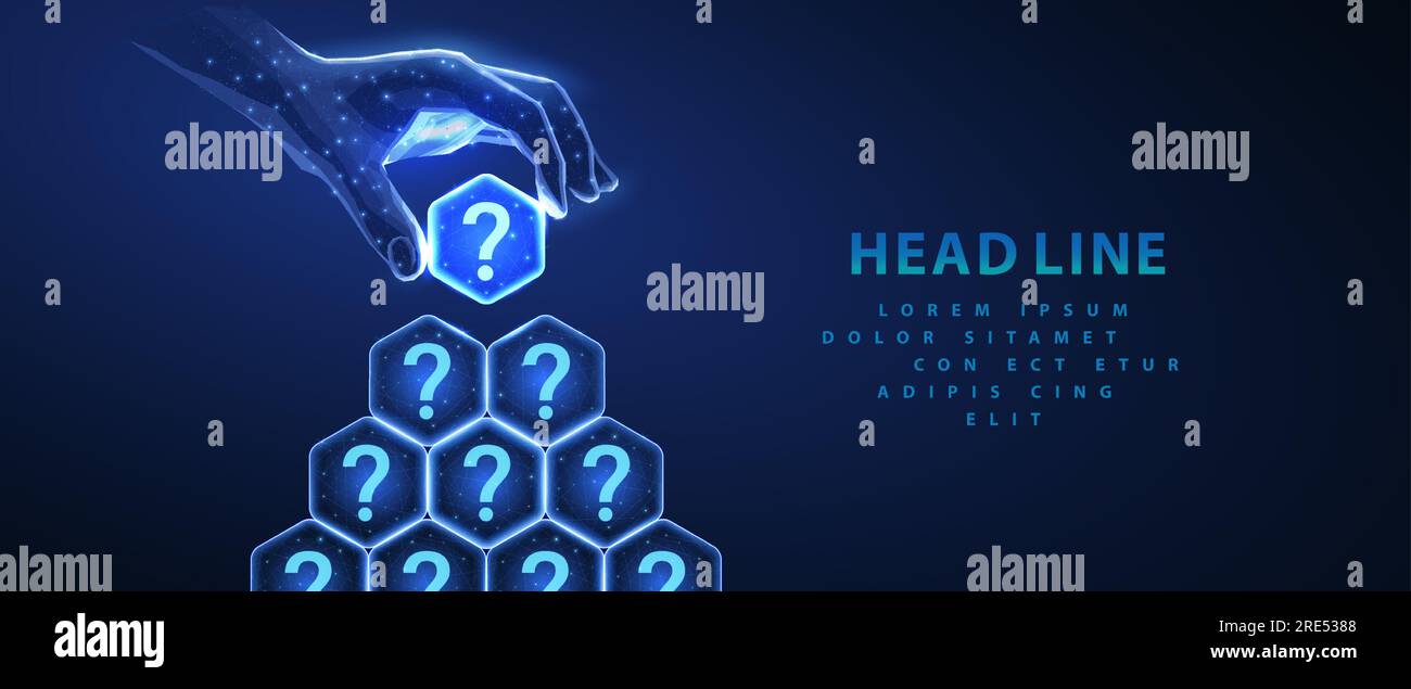 Questions pile. Question mark icons on hexagons make a pyramid and hand ...