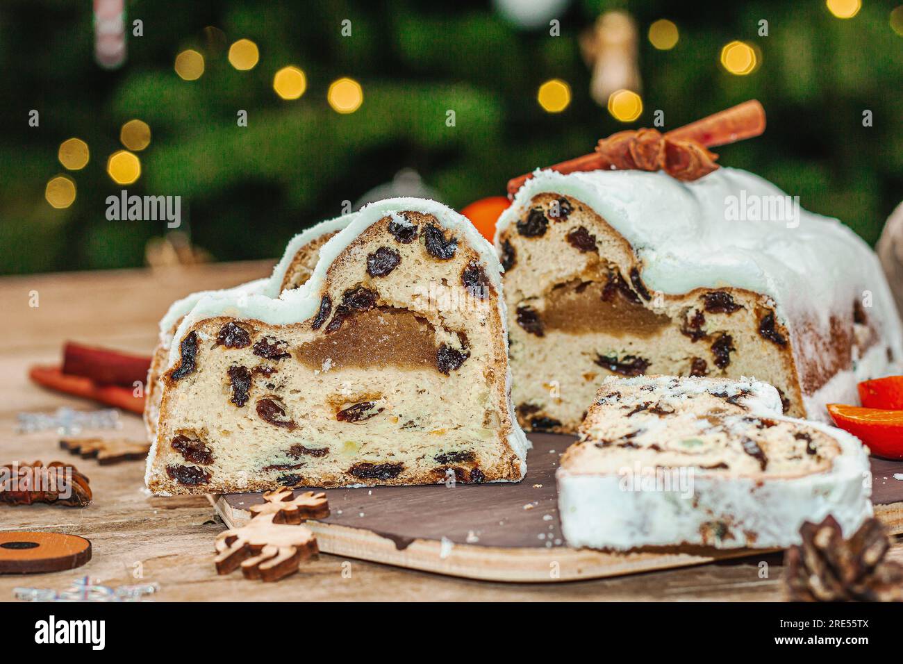 Traditional Christmas stollen, German cake. European pastry, fragrant ...