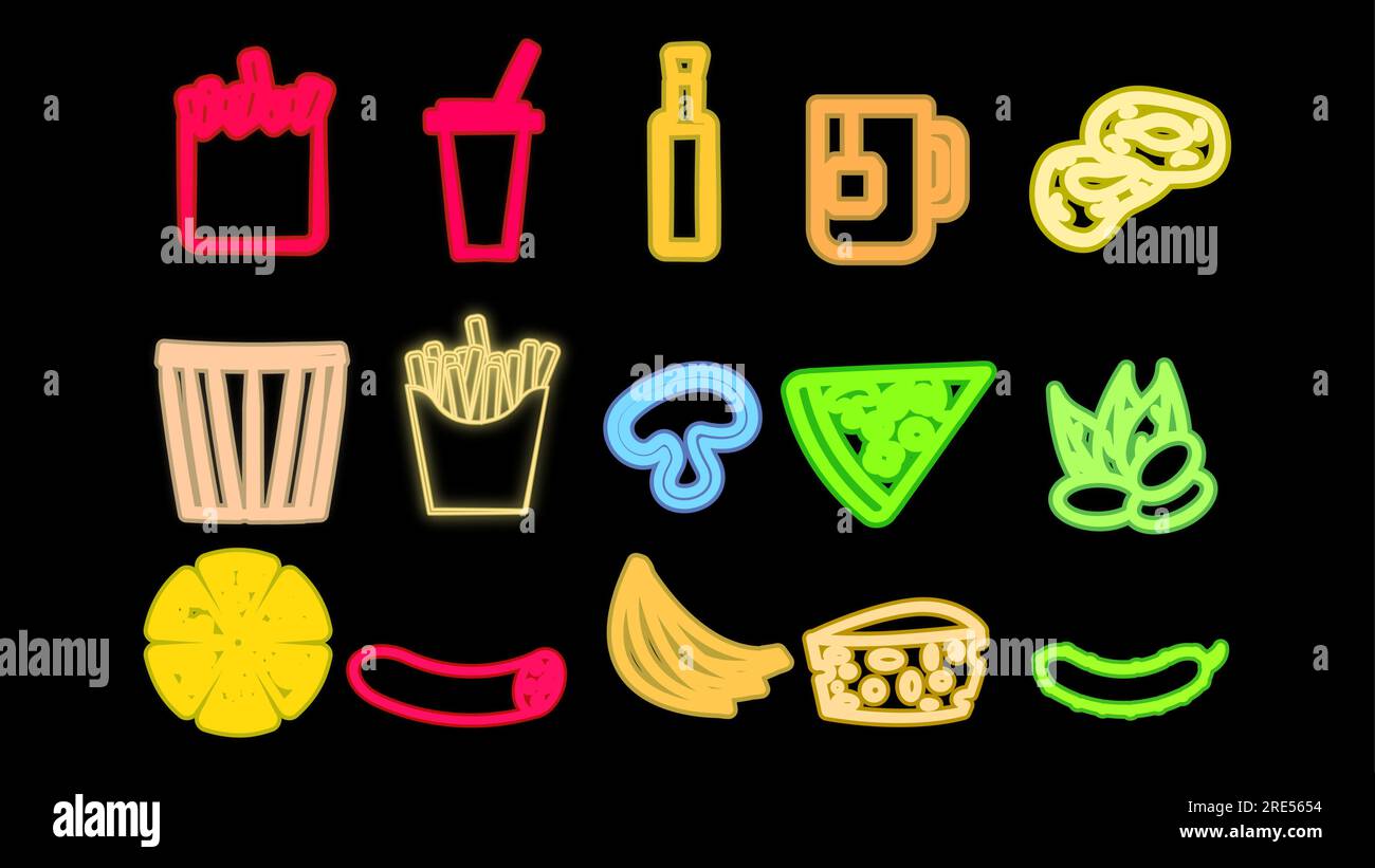 Neon bright glowing multicolored set of 15 icons of delicious food and ...