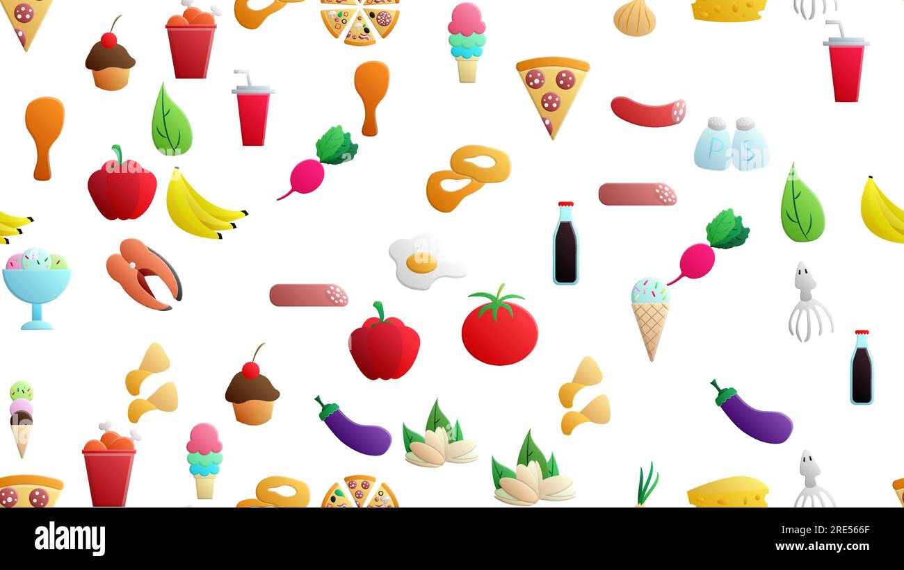 Endless white seamless pattern of delicious food and snack items icons ...
