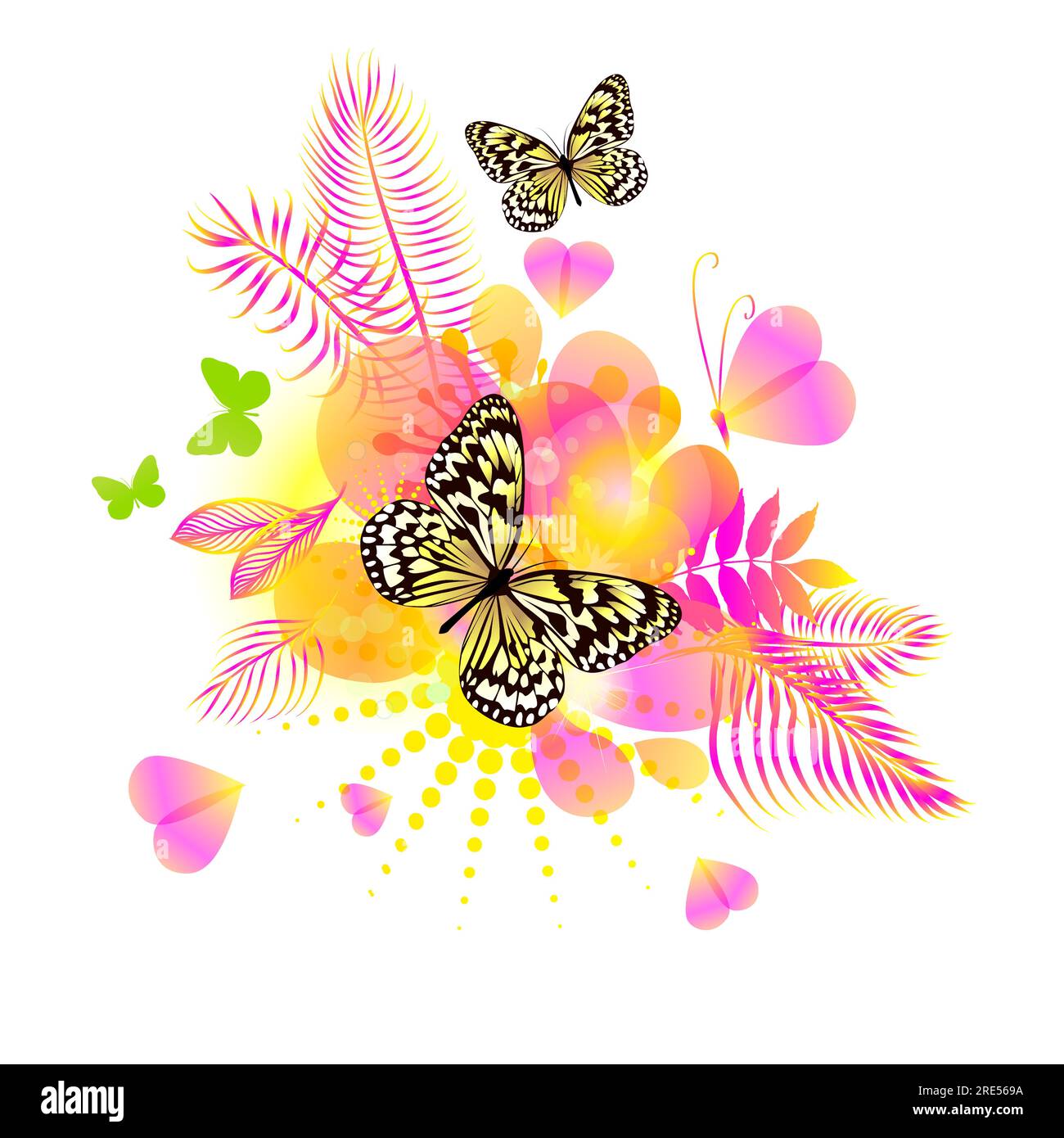 Yellow-pink abstraction with butterflies and sun. Vector illustration ...