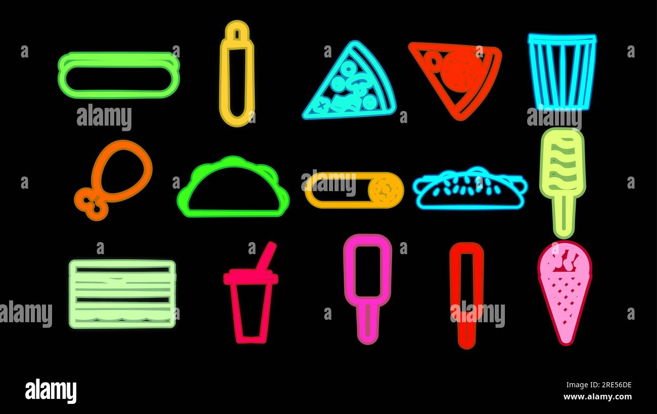Neon bright glowing multicolored set of 15 icons of delicious food and ...