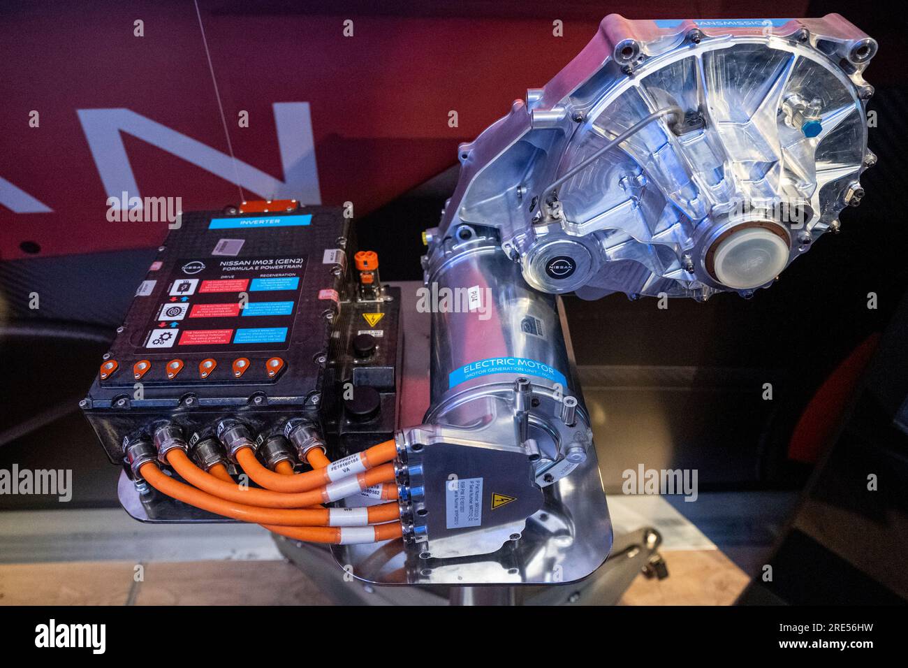 London, UK. 25 July 2023. A Nissan Generation 2 Formula E engine ...