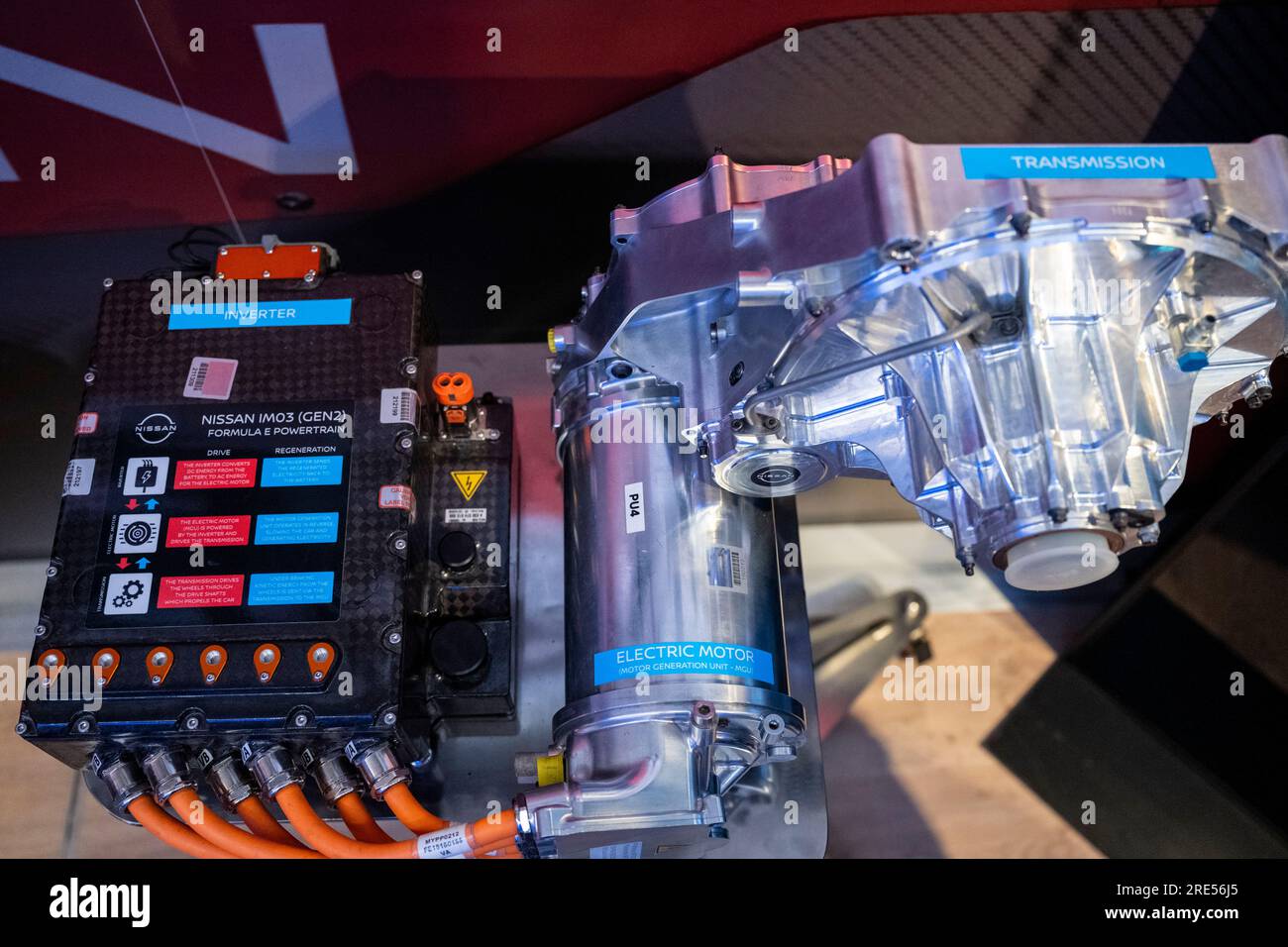 London, UK. 25 July 2023. A Nissan Generation 2 Formula E engine ...