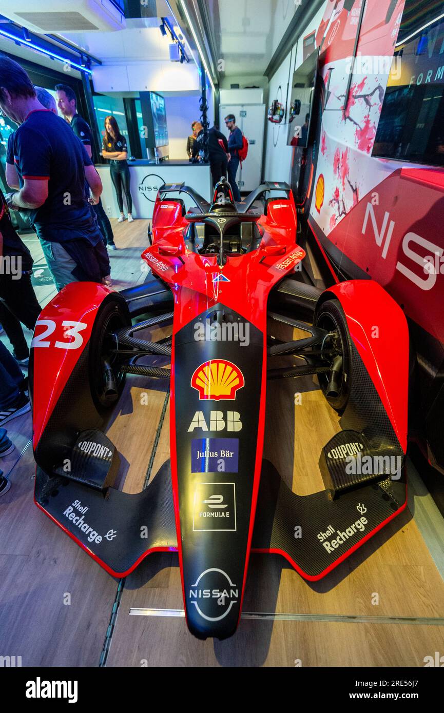 London, UK. 25 July 2023. A Nissan Formula E Generation 2 real race car ...