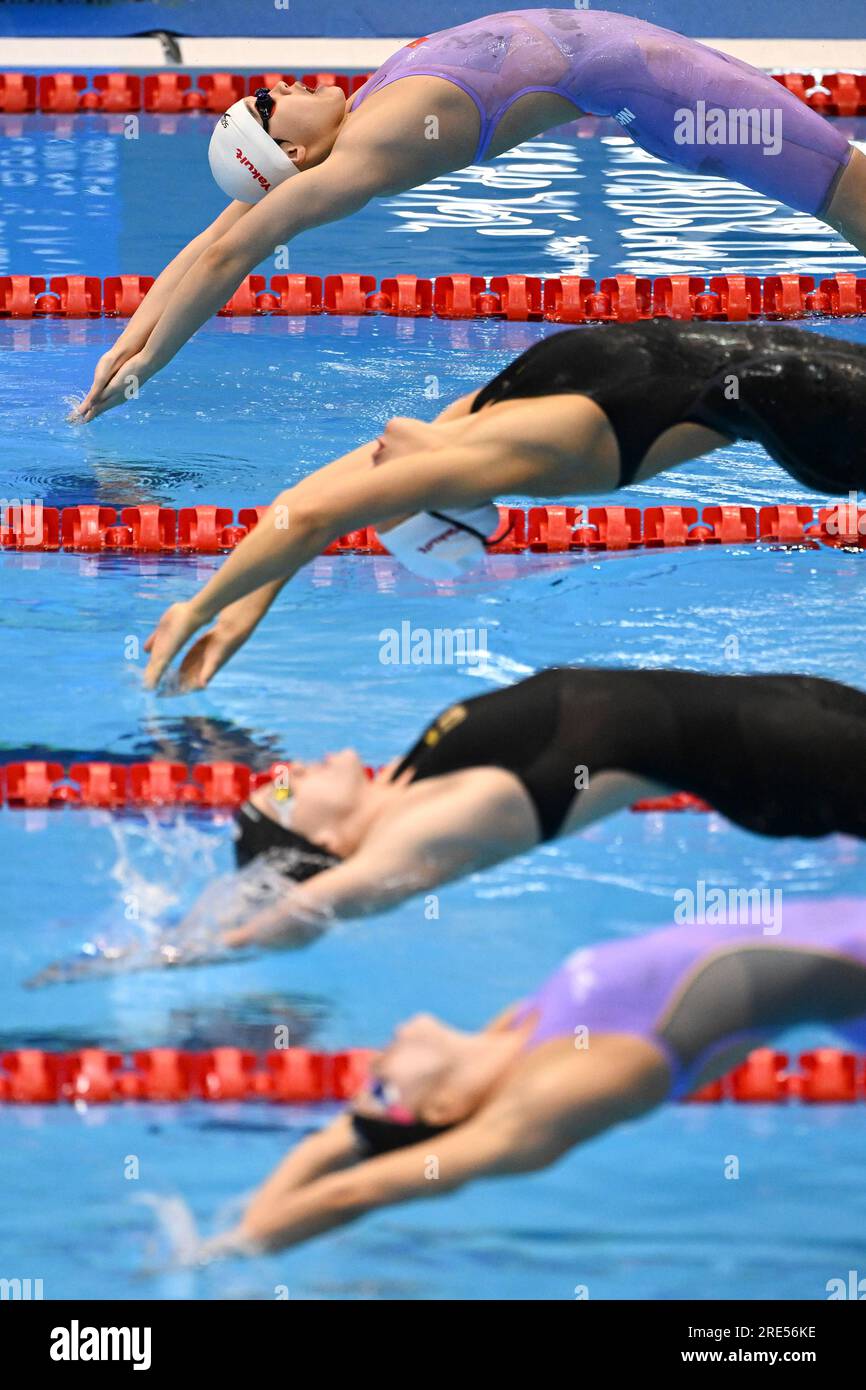 Fukuoka, Japan. 25th July, 2023. Wan Letian (top) of China starts off during the women's 100m ...