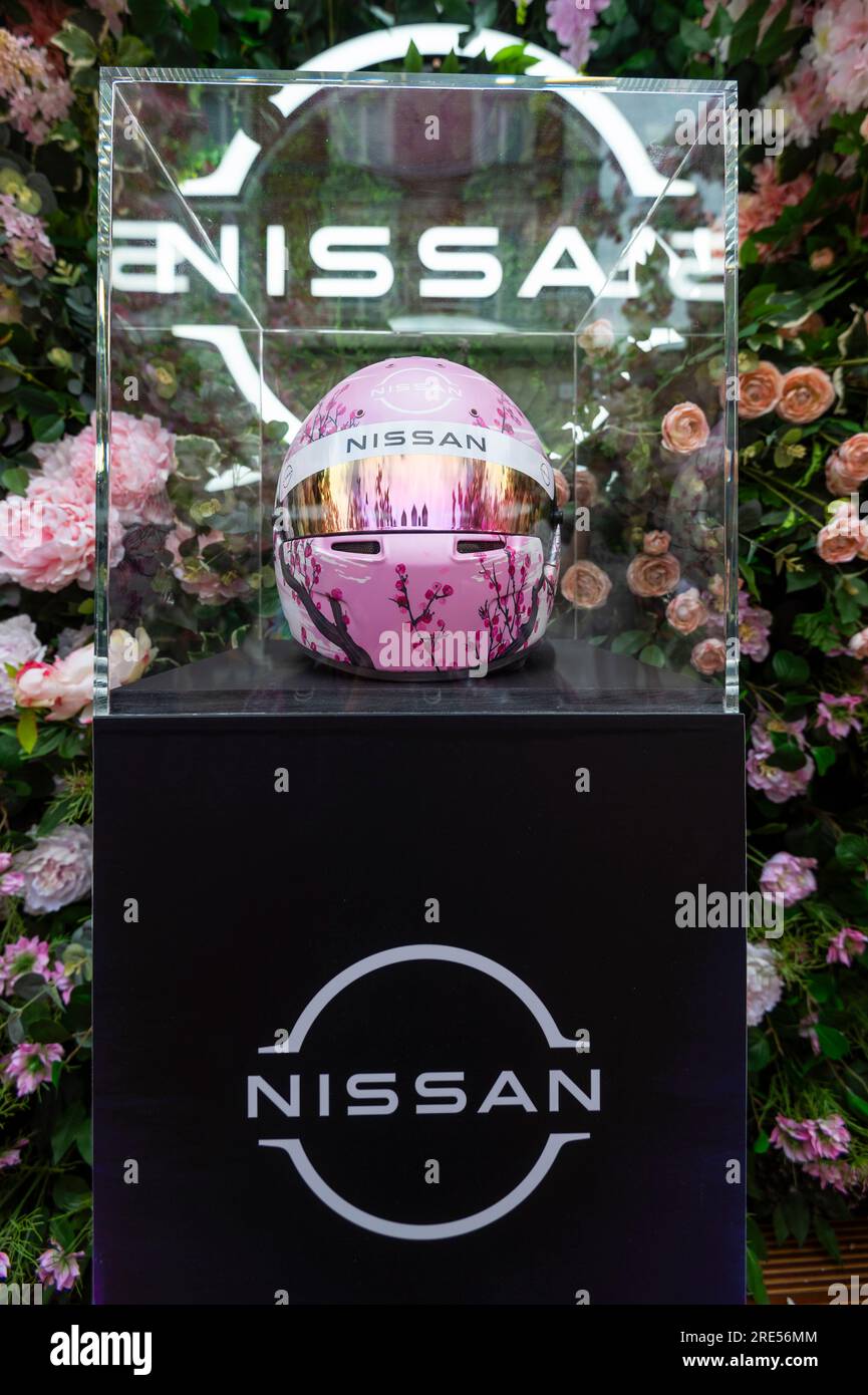 London, UK. 25 July 2023. A Nissan Formula E race helmet on show at the ...