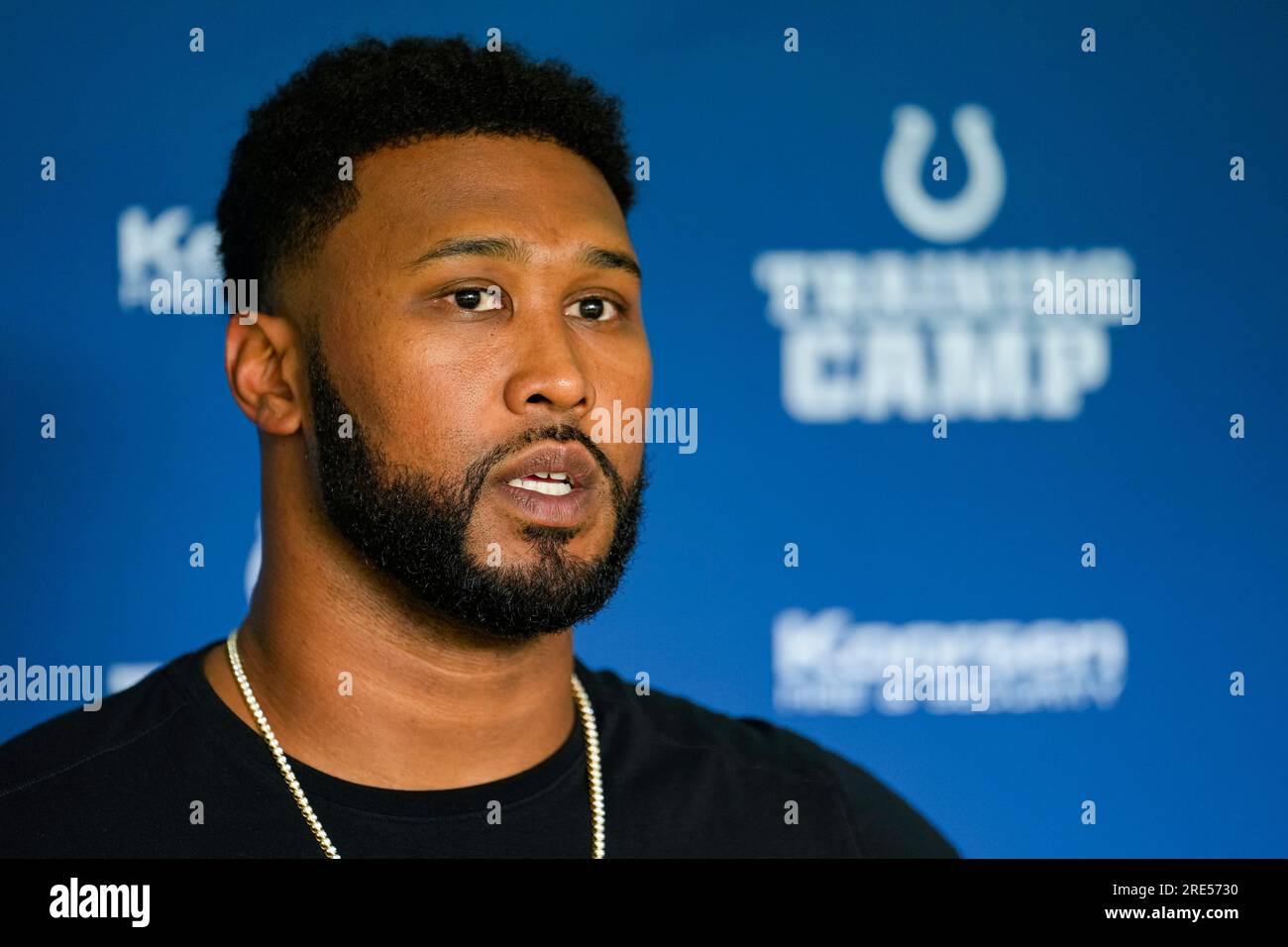 Indianapolis Colts defensive tackle DeForest Buckner speaks with the ...
