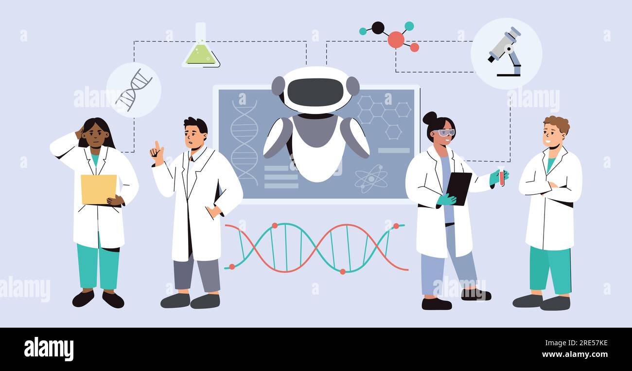 Flat team of scientists using AI in medicine. Artificial intelligence ...