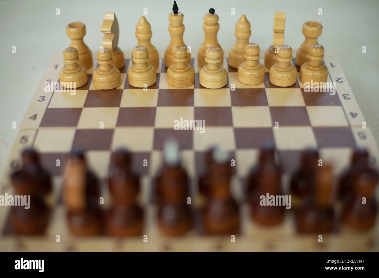 Chess on table. Strategy game. Chess pieces on board for game. Details ...