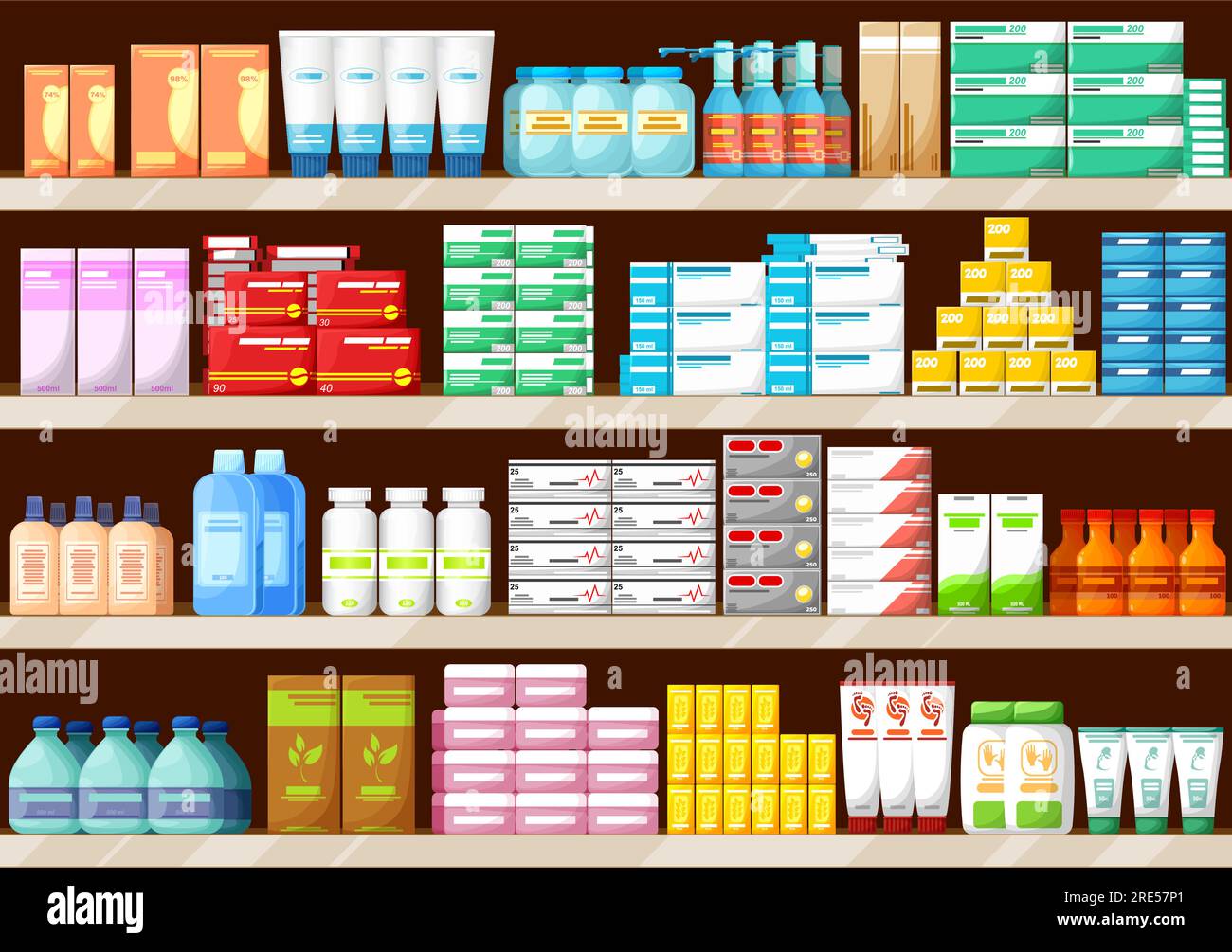 Pharmacy shelves with medications, bottles and pills, pharmaceutic ...