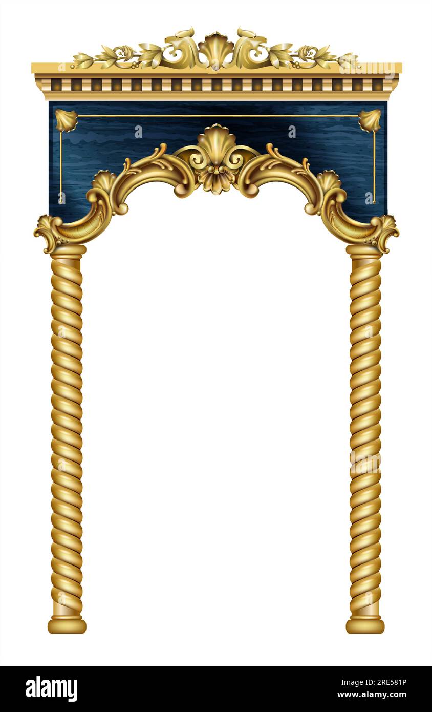 Golden luxury classic arch with columns. The portal in Baroque style. The entrance to the fairy ...