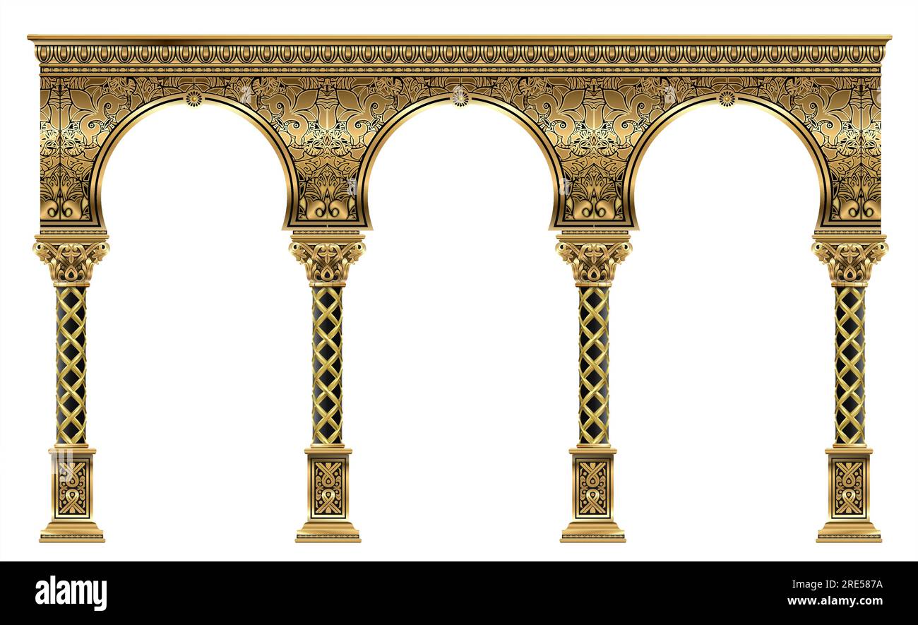 Golden luxury classic arch with columns. The portal in Baroque style ...