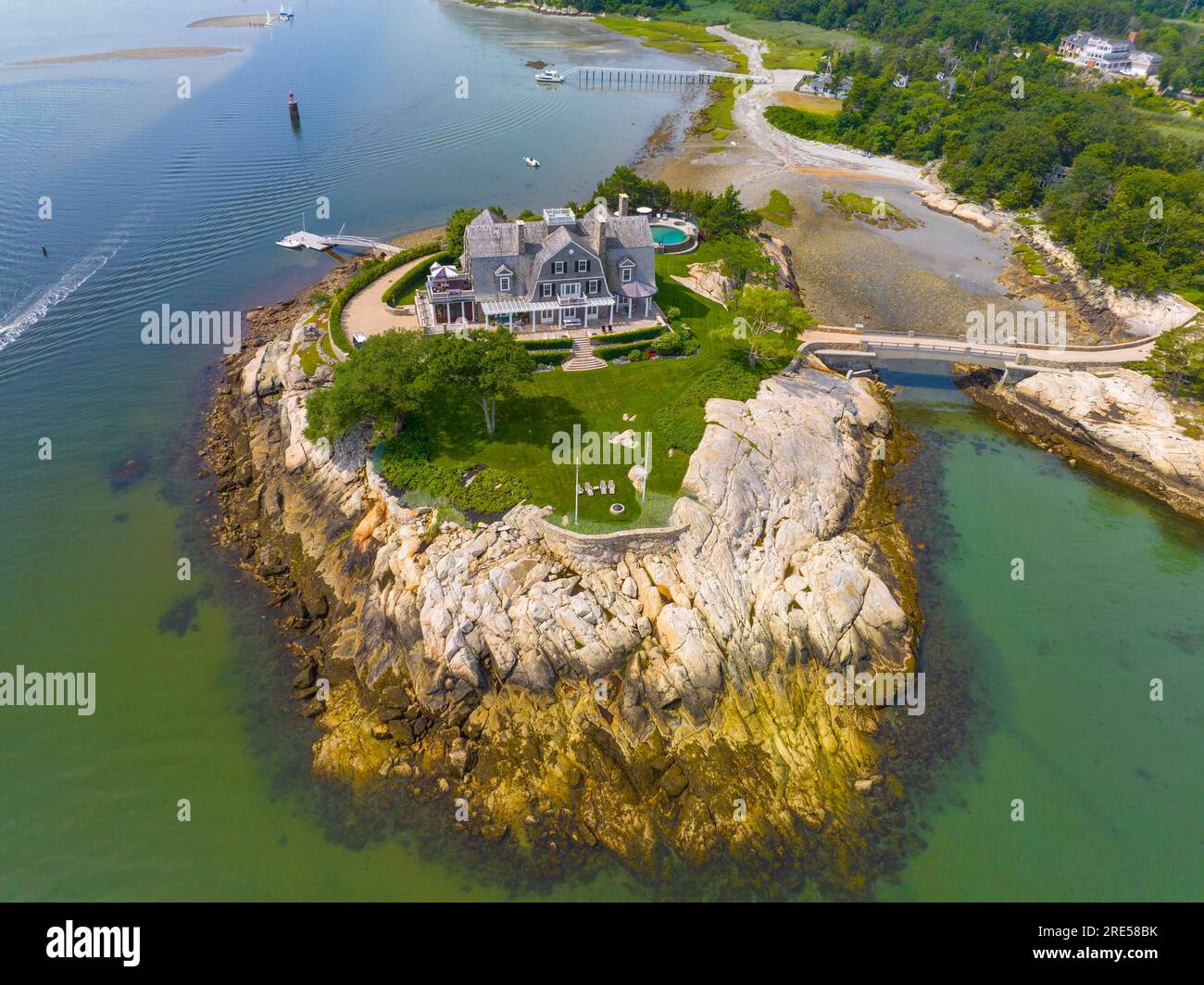 Historic mansion aerial view at White Head at Sandy Cove in Cohasset ...