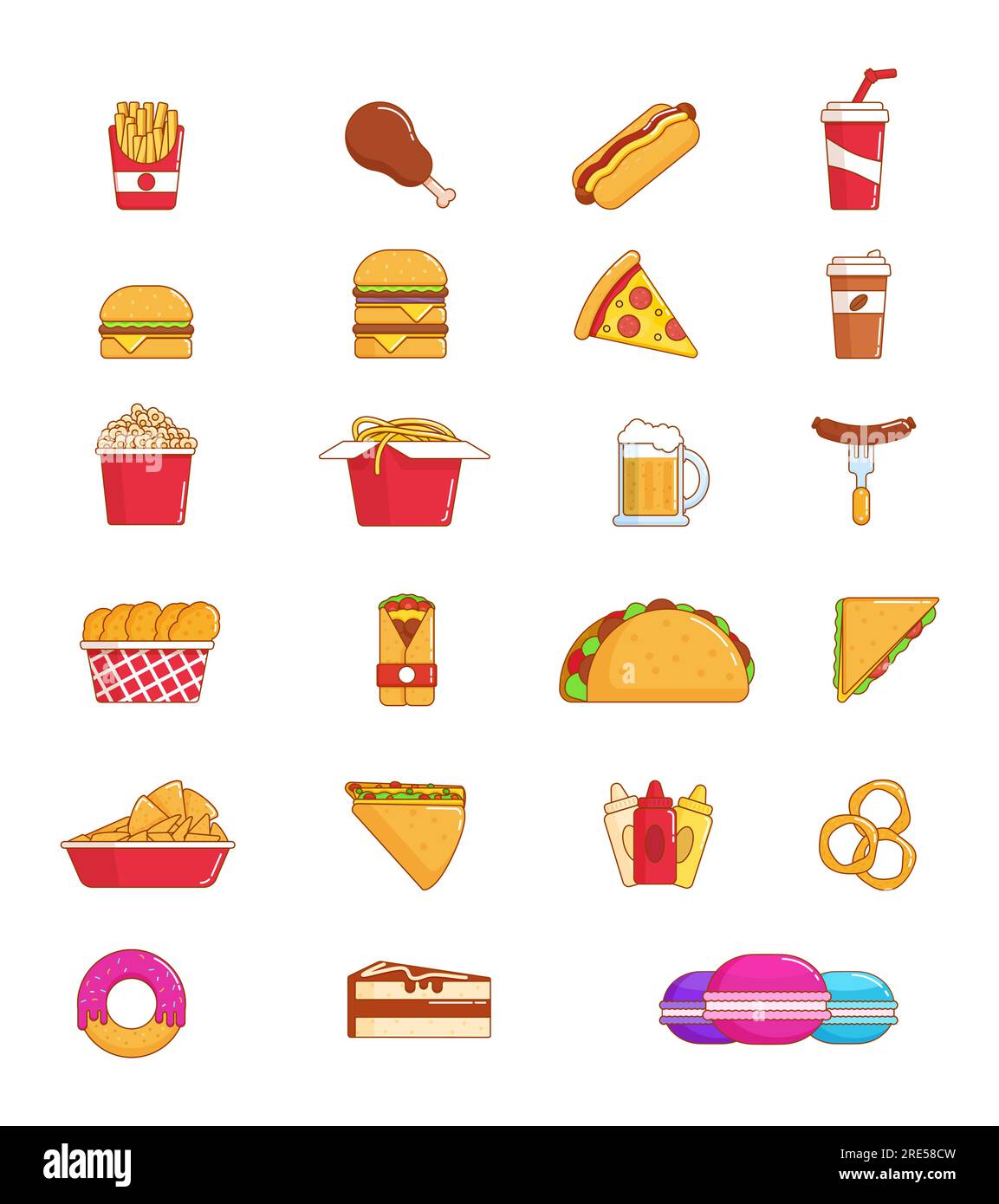 Fast food thin line icon set of junk snack. Hamburger, pizza and hot ...