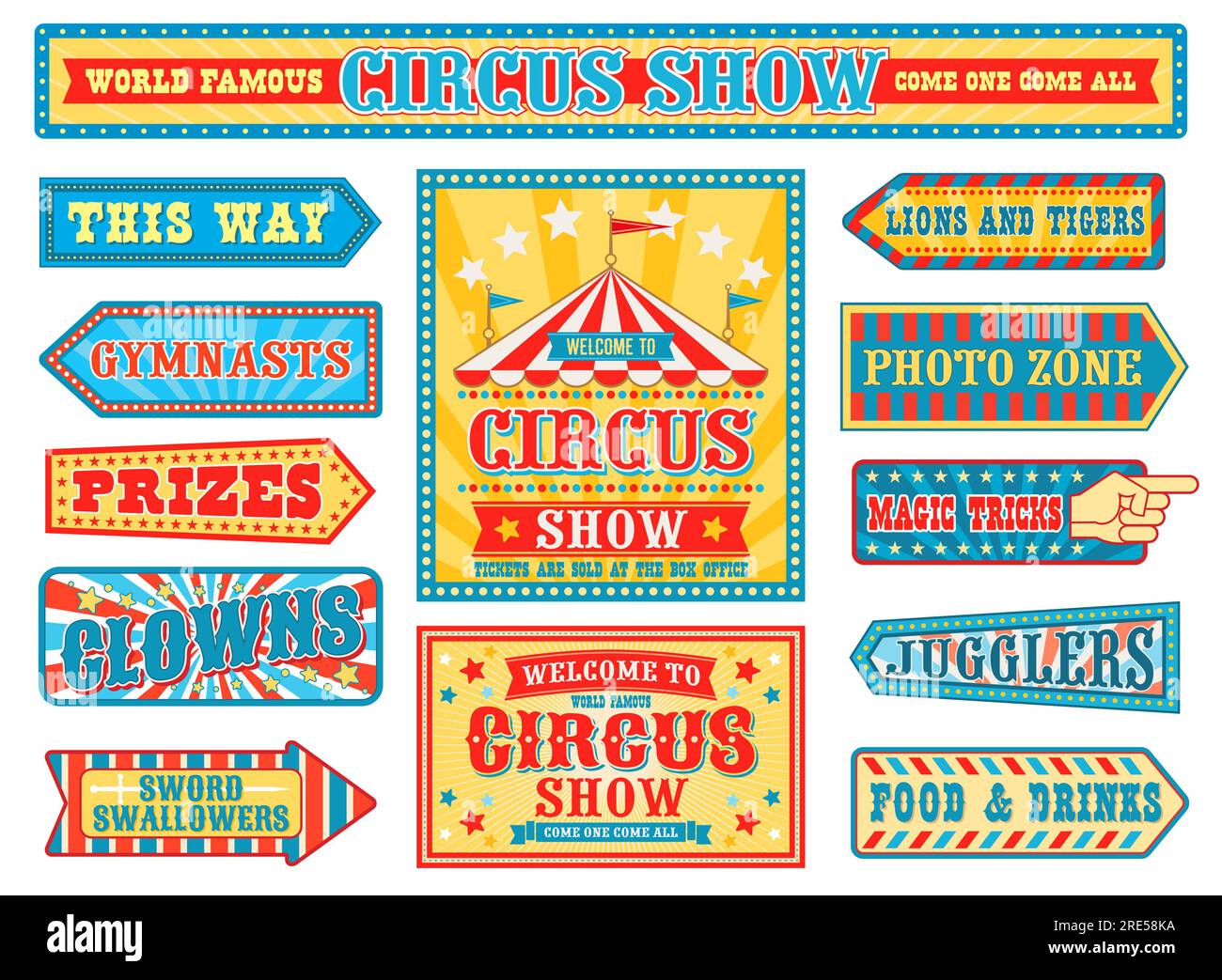 Vintage circus labels and carnival signboards set, arrow pointers and ...