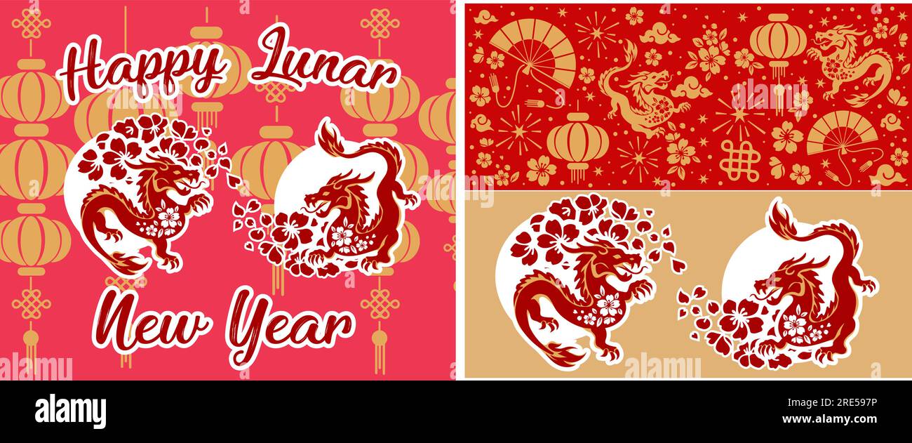 Banner postcard set Happy Chinese new year 2024, year of the dragon ...