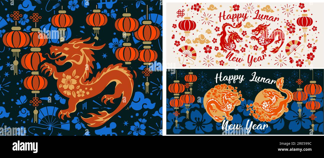 Banner postcard set Happy Chinese new year 2024, year of the dragon ...