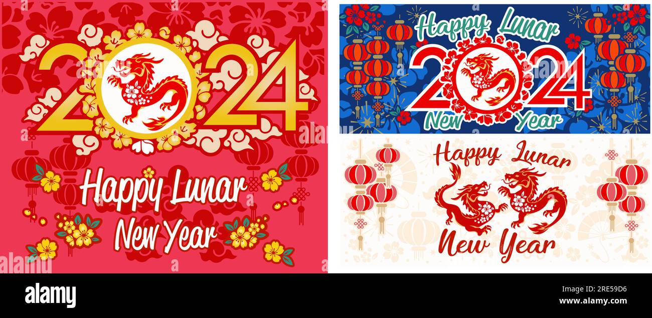 Banner postcard set Happy Chinese new year 2024, year of the dragon ...