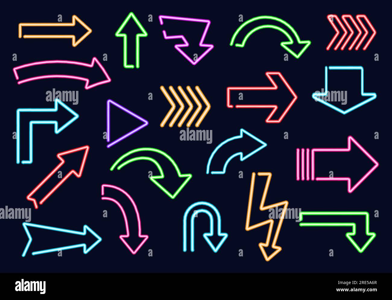 Neon light arrow pointer vector signs on dark background. Glowing blue ...