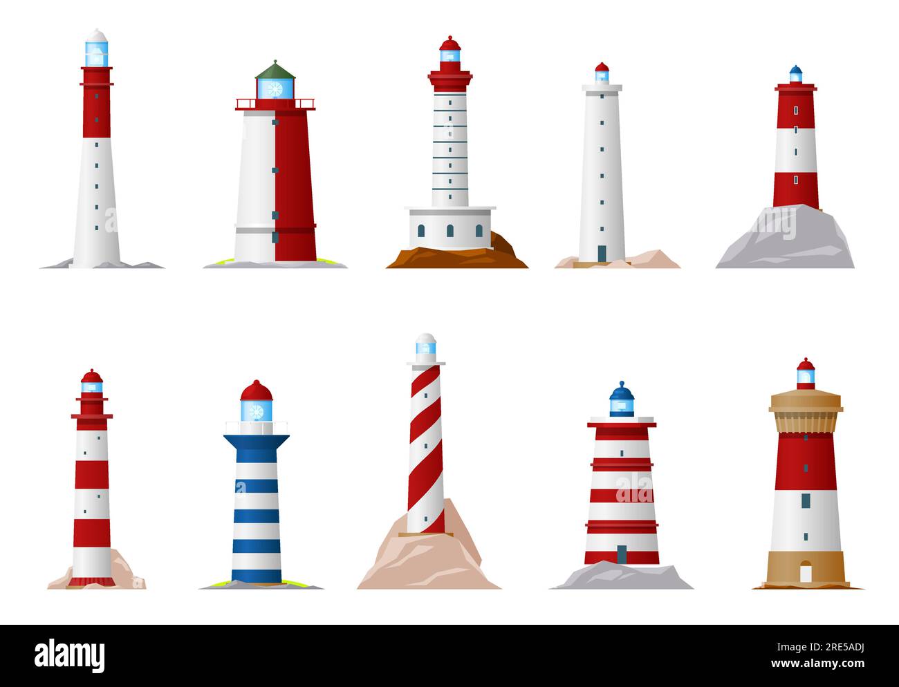 Nautical lighthouse and sea navigation beacon isolated icons. Vector ...