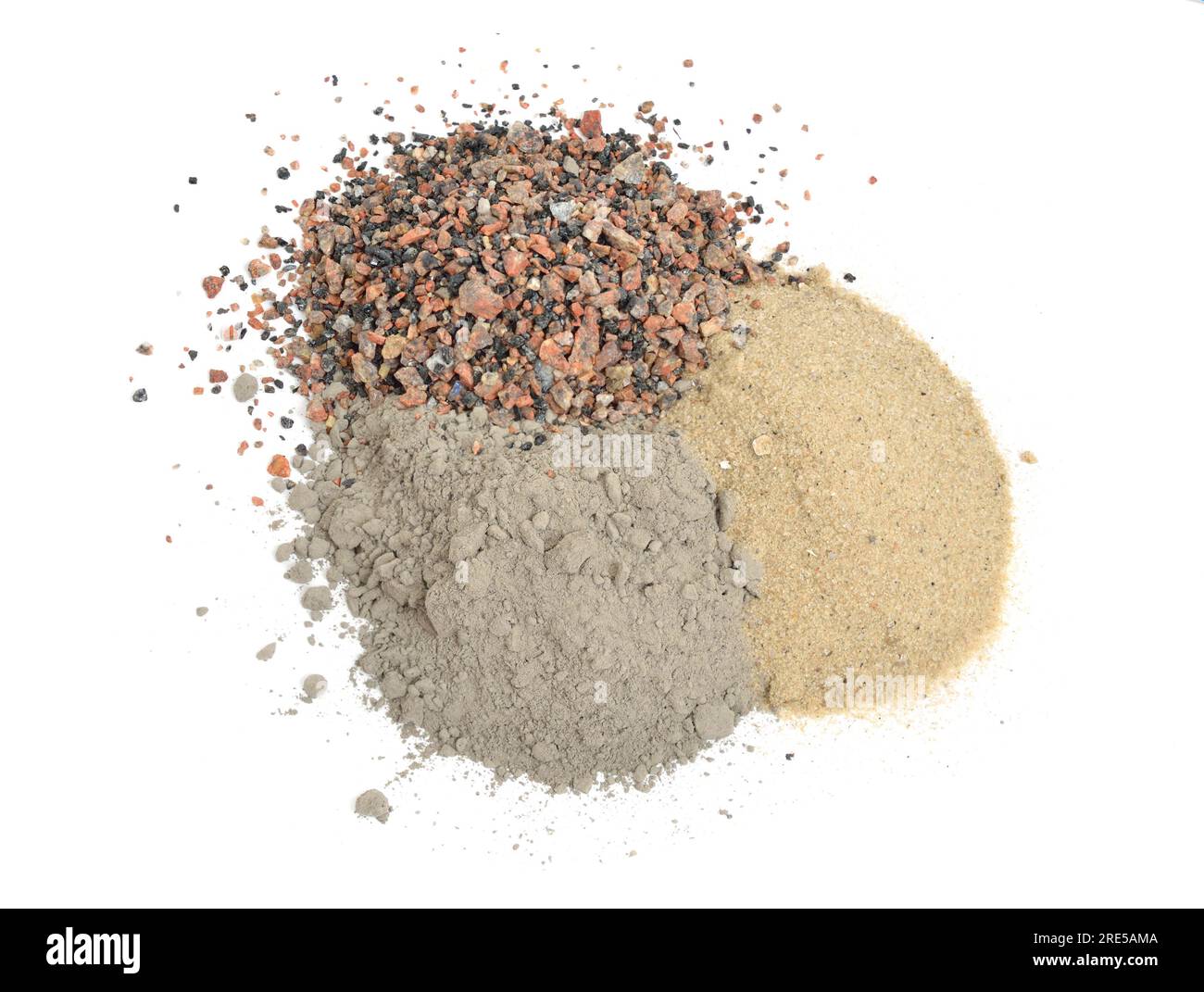 Heep of sand with cement and granite screenings. Isolated on white ...