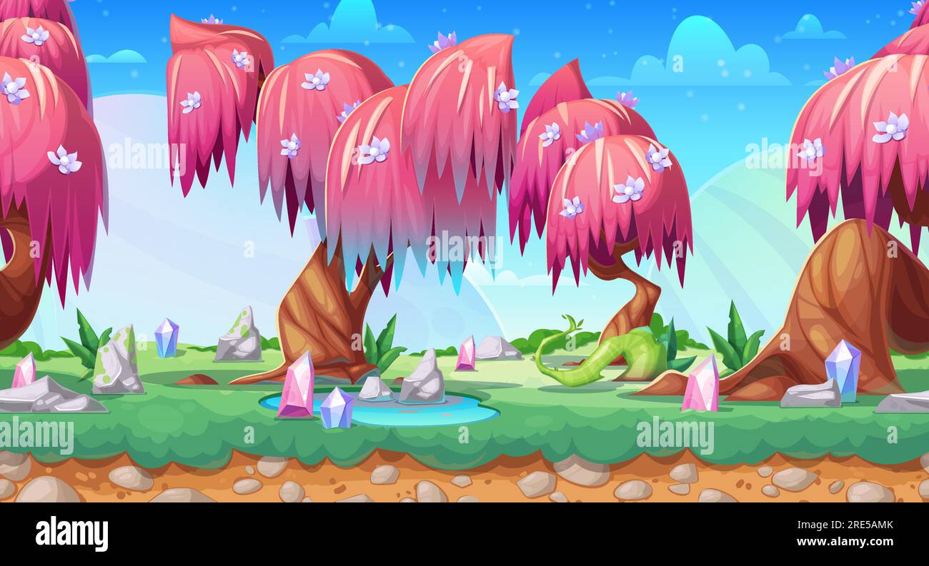 Fantasy game landscape, vector seamless background with cartoon fairy ...