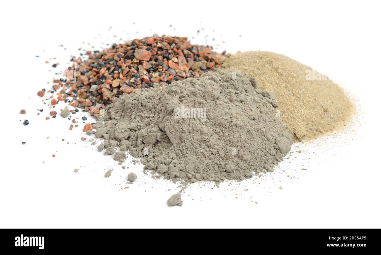Heep of sand with cement and granite screenings. Isolated on white ...