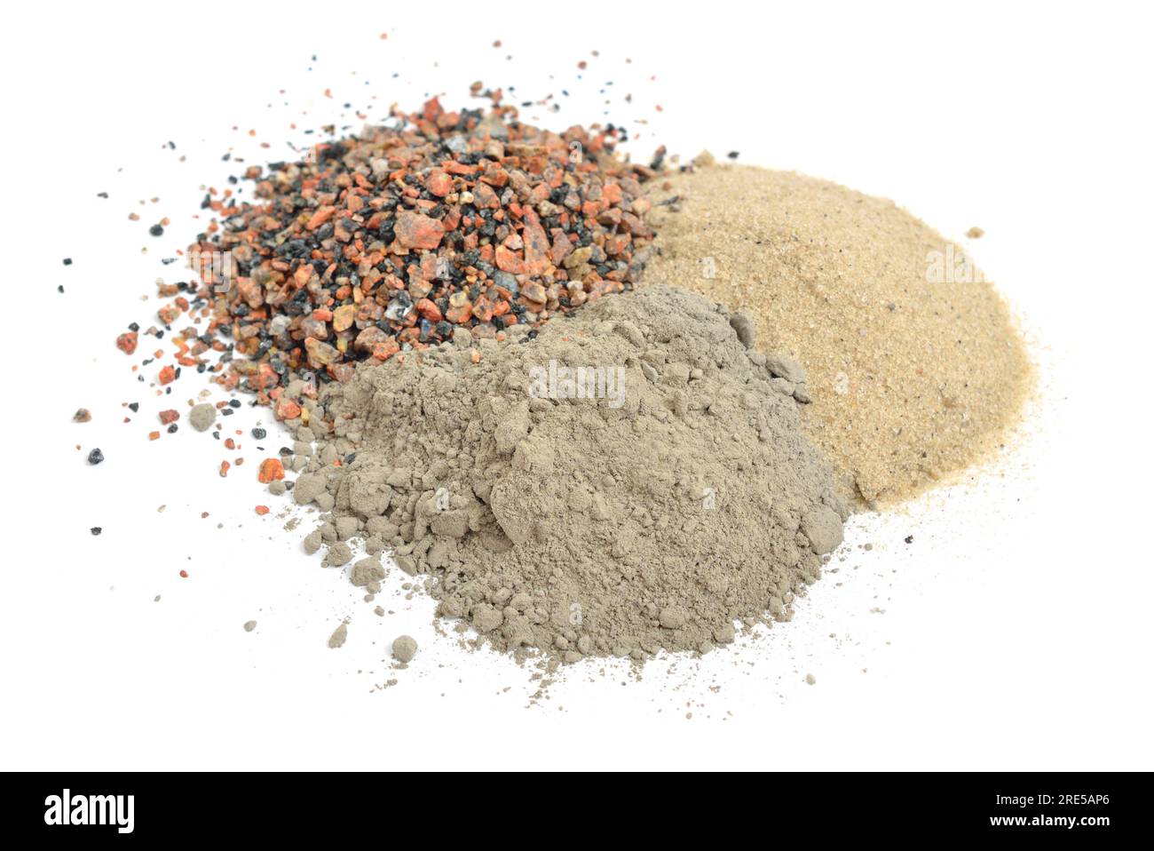 Heep of sand with cement and granite screenings. Isolated on white ...