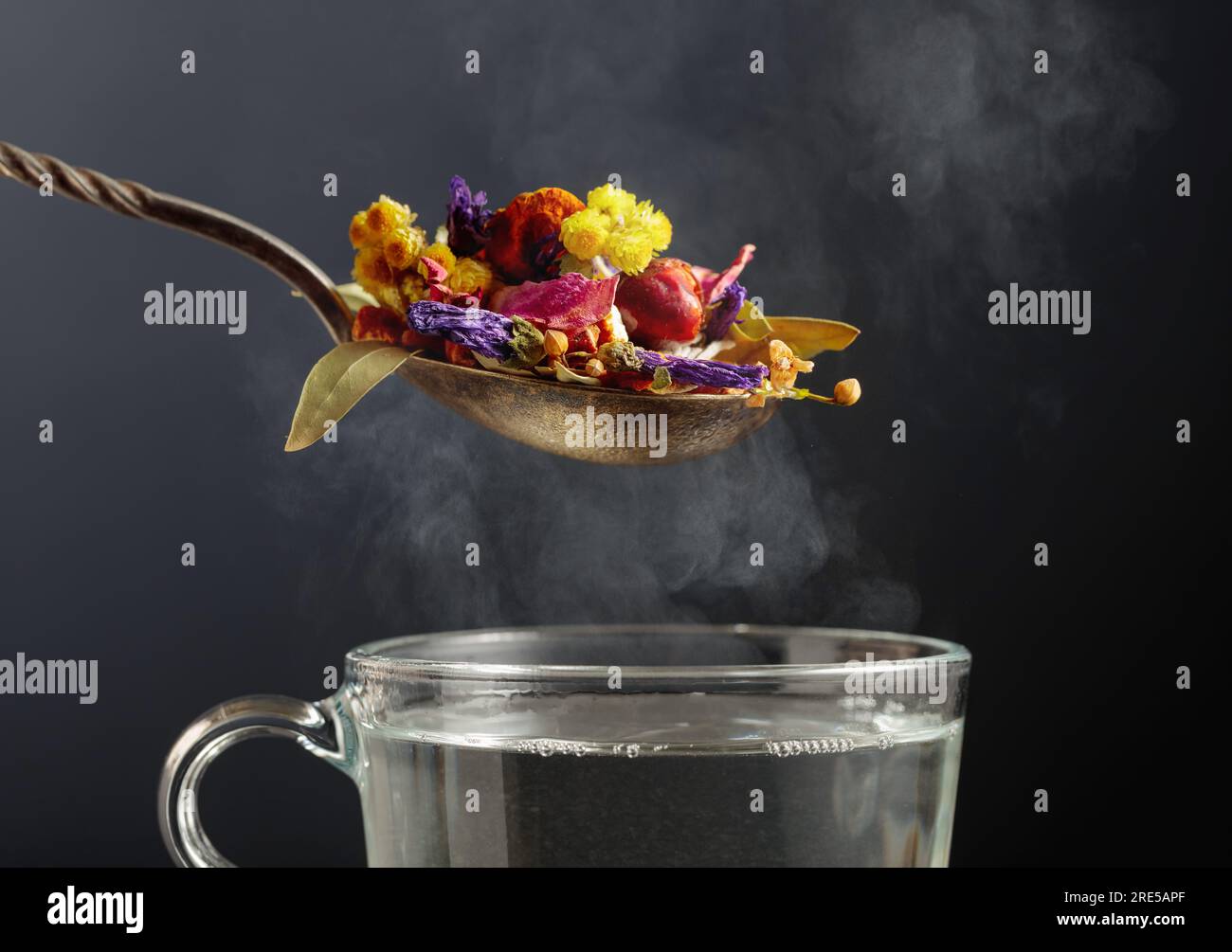 Mix of various dried medicinal plants and herbs for herbal tea on a ...