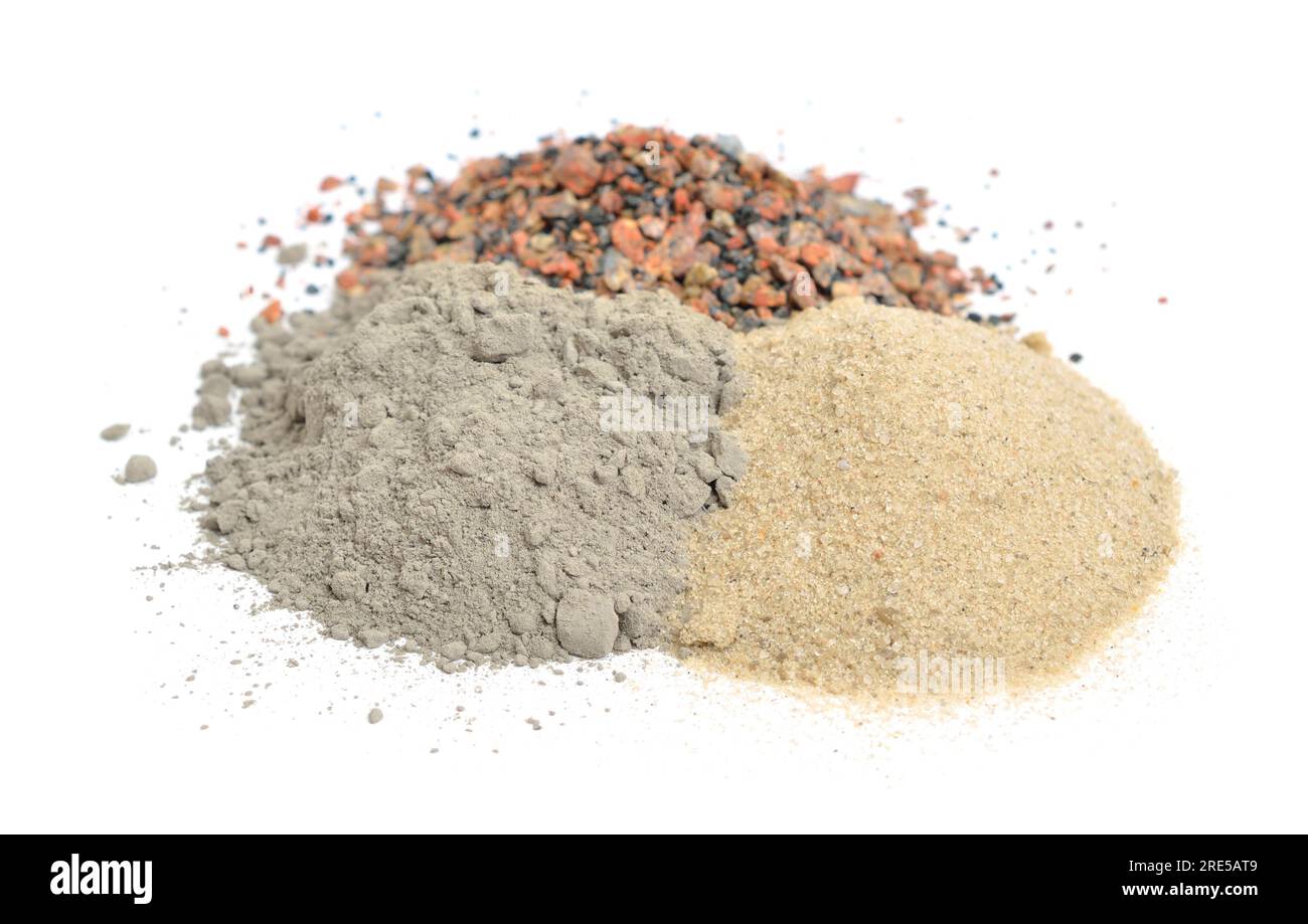Heep of sand with cement and granite screenings. Isolated on white ...