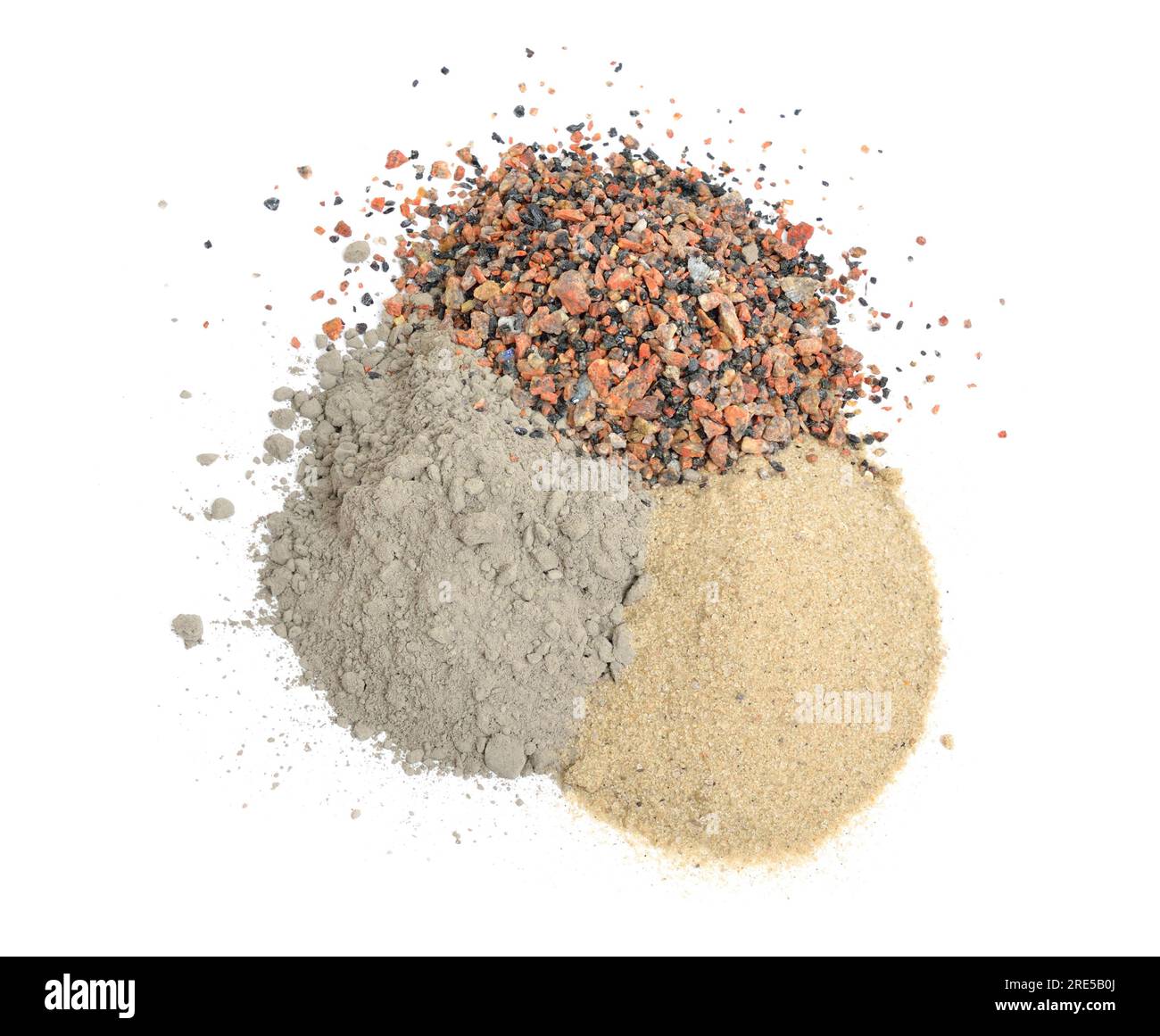 Heep of sand with cement and granite screenings. Isolated on white ...