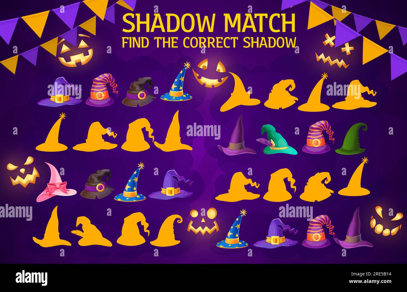 Shadow match game wizard and witch hats. Vector worksheet with ...
