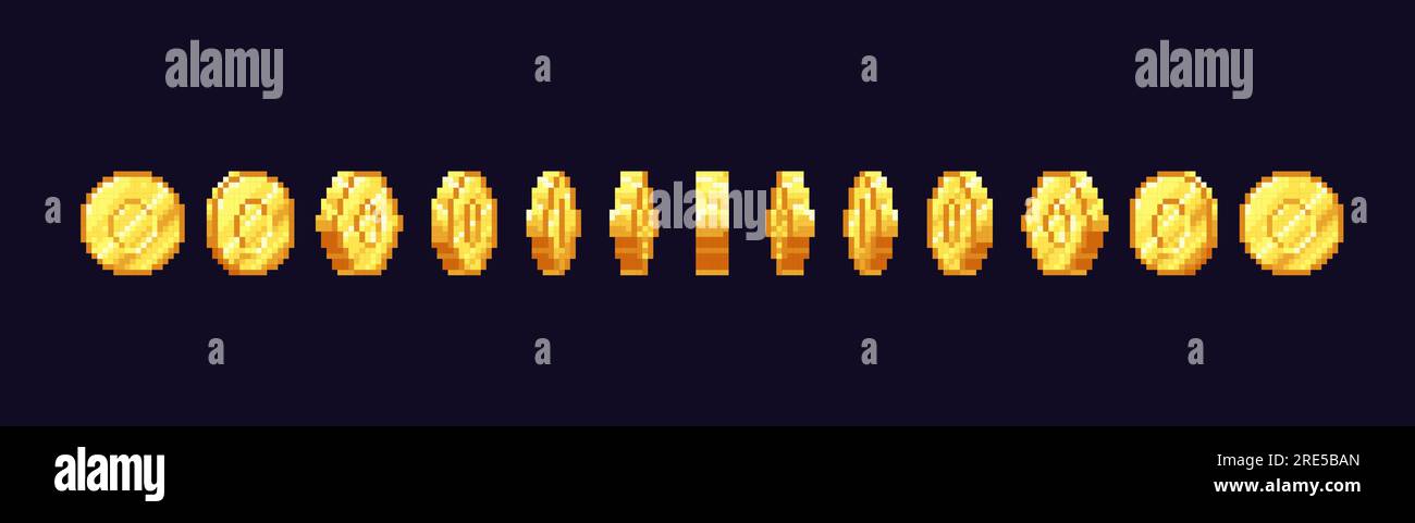 Golden coin animation of 8 or 16 bit pixelated money coin rotated ...