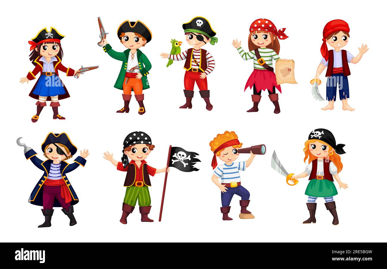 Cartoon happy smiling boy and girl pirates or kids corsairs, vector ...