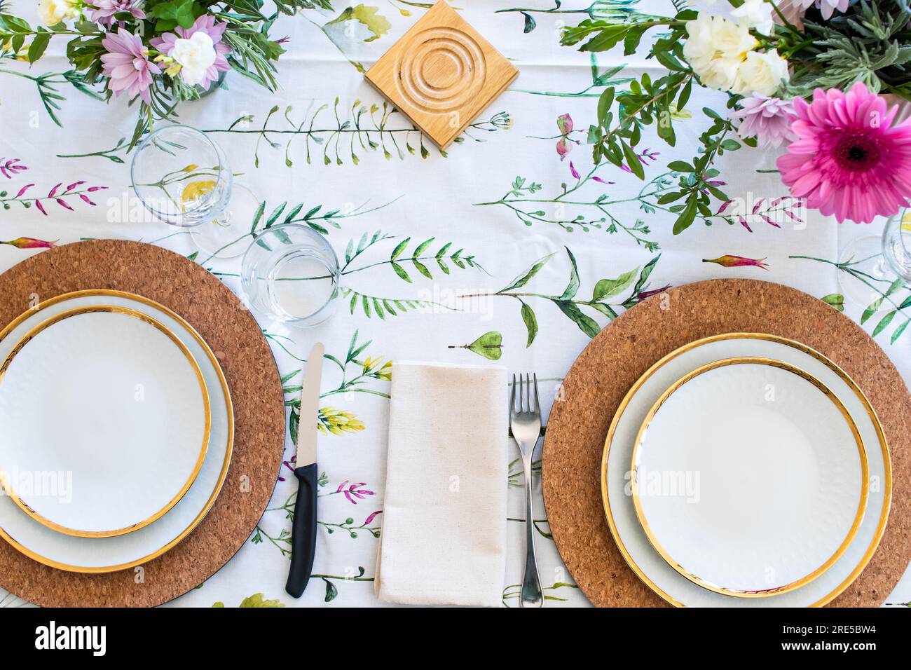 Spring floral table set, with white empty plate. Spring happy brunch ...
