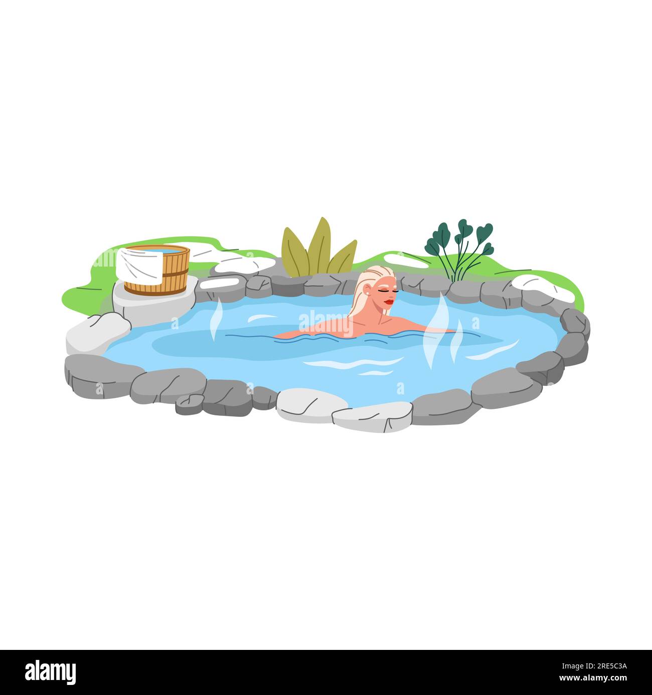 Japan onsen hot spring bath of japanese spa hotel. Vector young woman ...