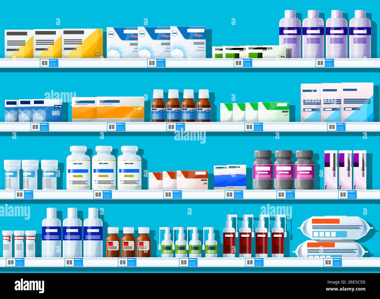 Pharmacy shelf with medicines. Vector shelves of drugstore interior ...