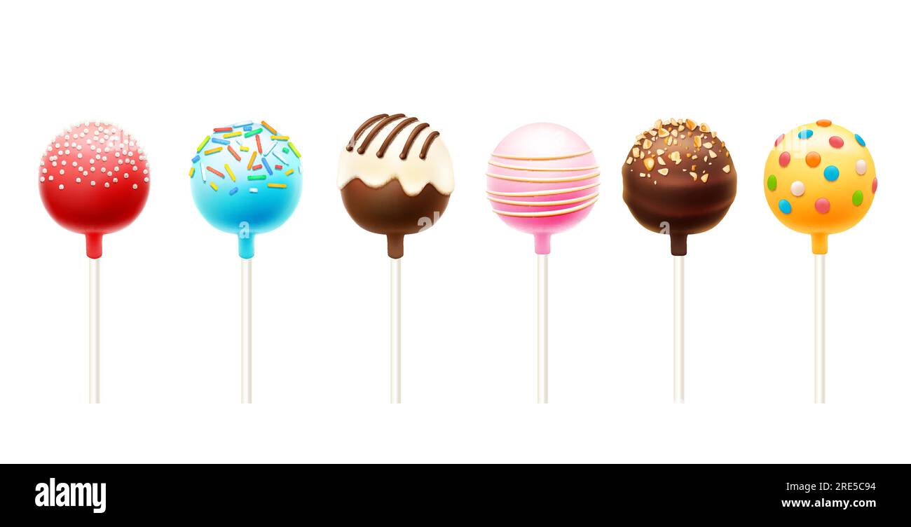 Realistic cake pops, vector chocolate dessert food in shape of lollipop ...