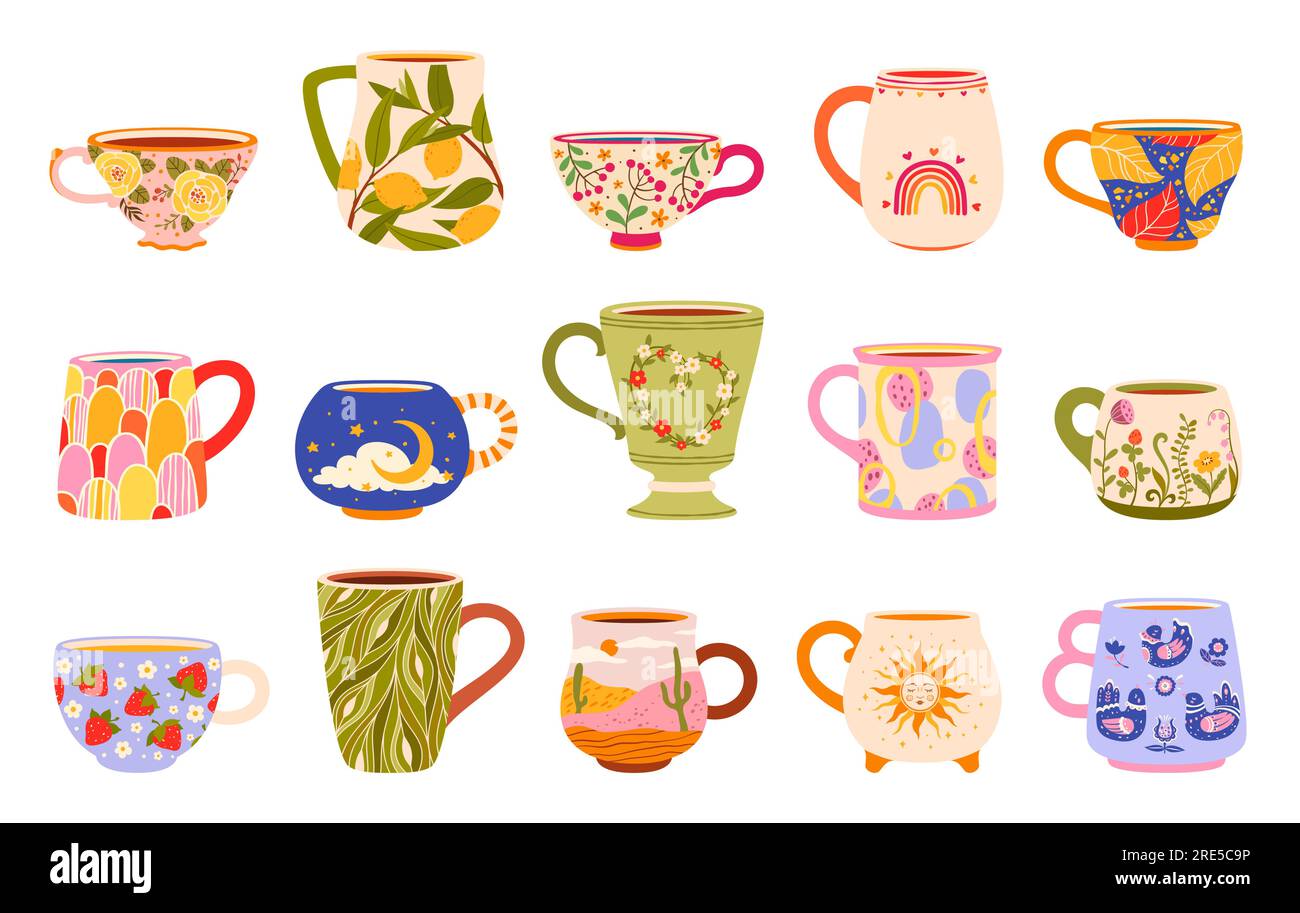 Ceramic tea cups and coffee mugs, kitchen crockery with Scandinavian ...