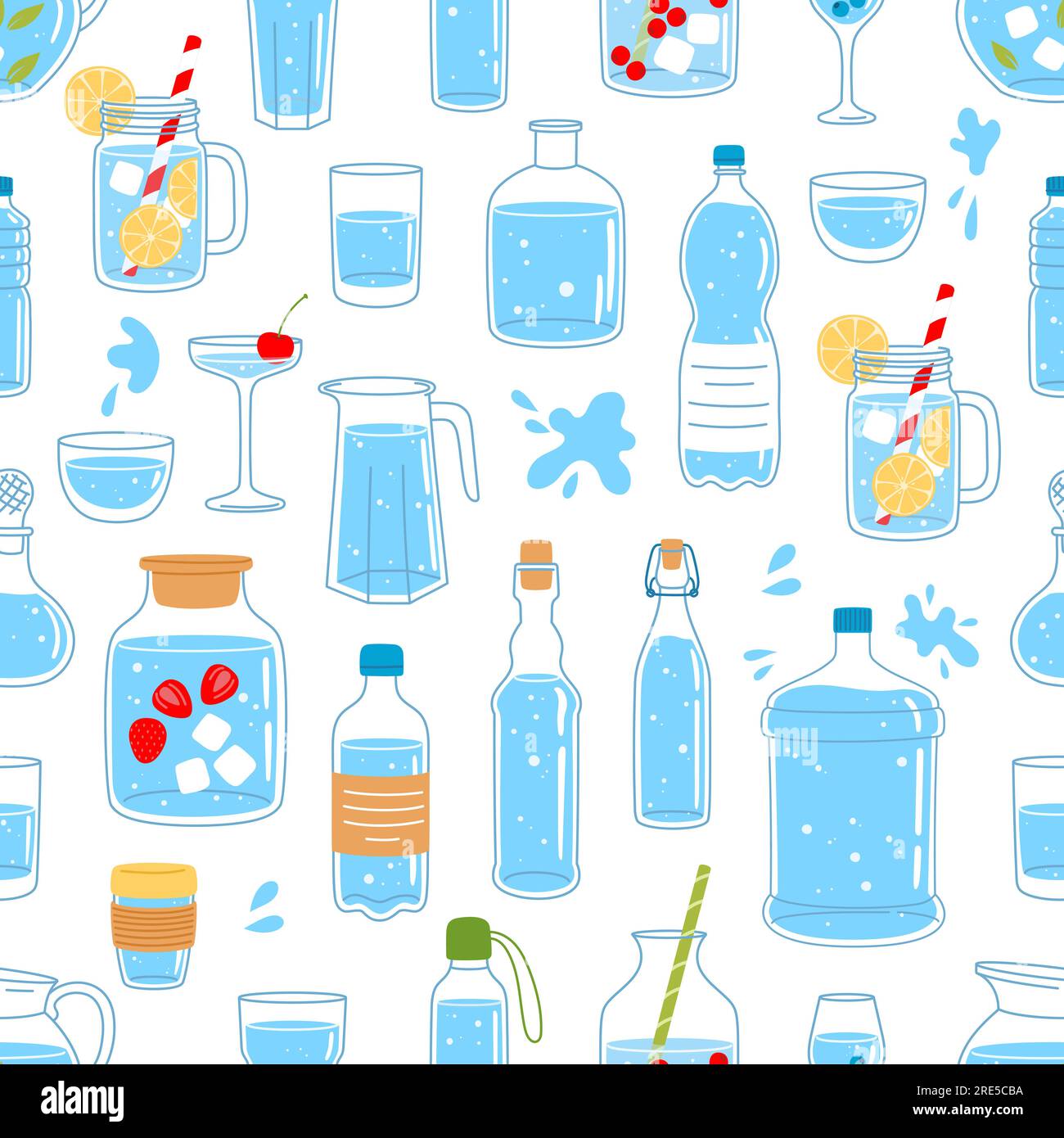 Glass and plastic water bottles and containers seamless pattern. Vector ...