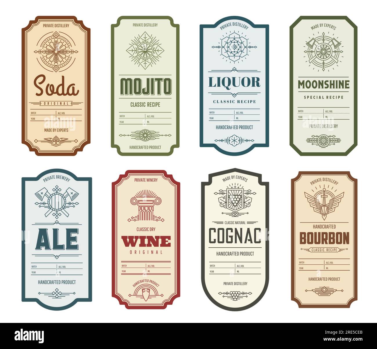 Vintage alcohol labels. Mojito, soda and cognac, ale and wine, liquor ...