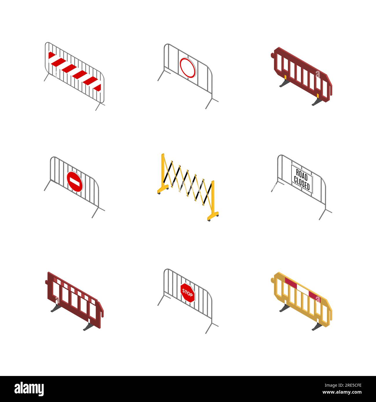 Set of portable metal and plastic road barriers isolated on white ...