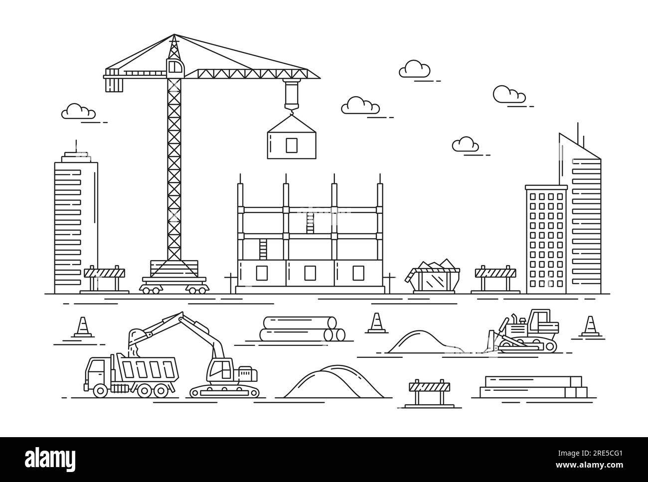 Outline building construction site of house with build equipment ...