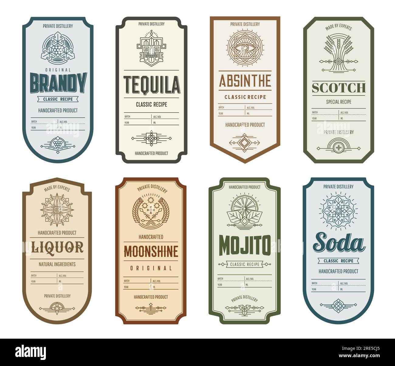 Vintage alcohol labels, tequila, brandy and soda, liquor and mojito ...