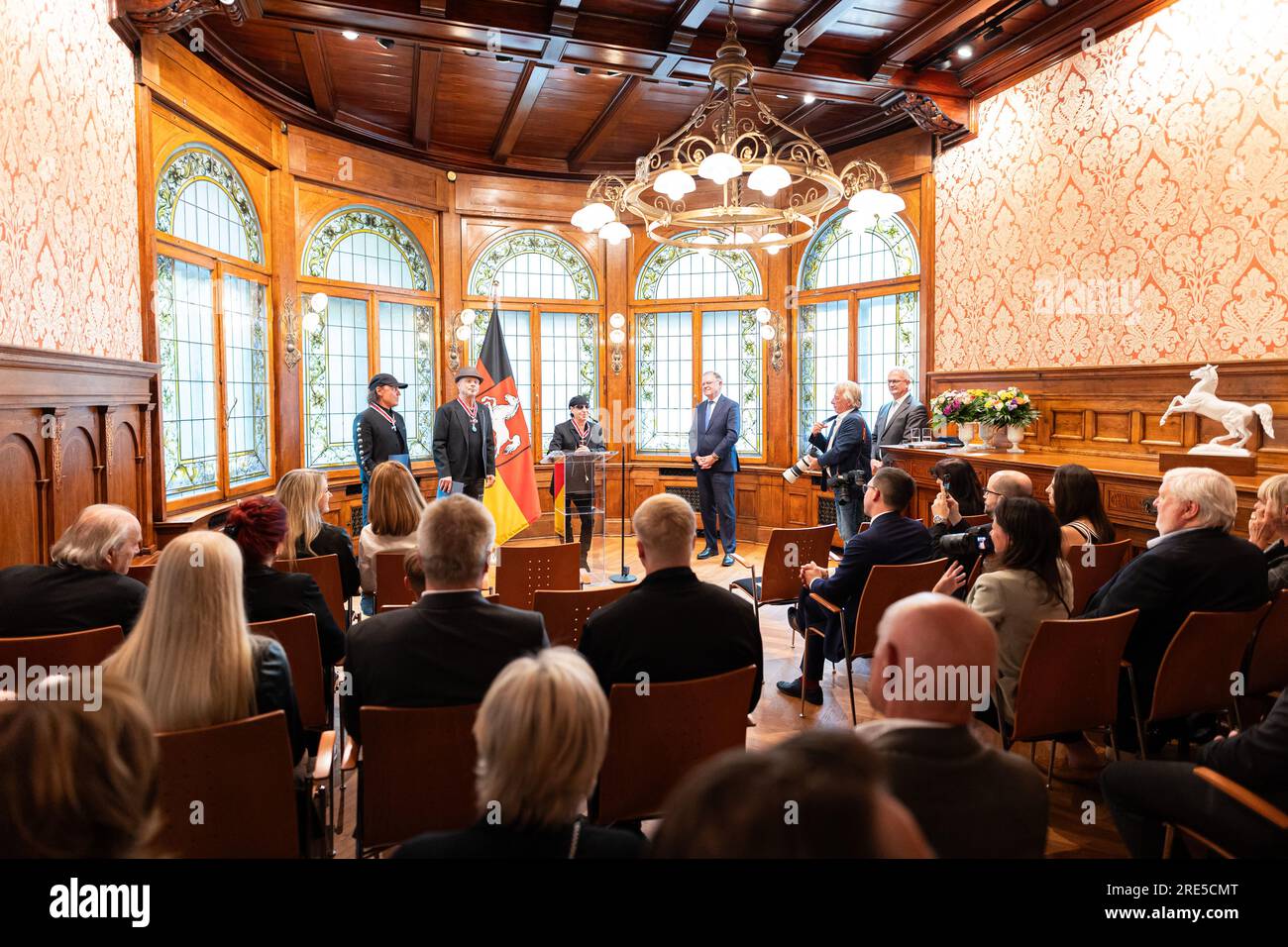 25 July 2023, Lower Saxony, Hanover: Klaus Meine (3rd from left ...